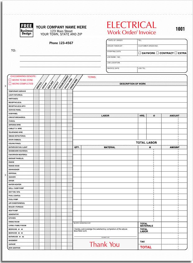 ANS Business Forms Electrical Work Order Invoice